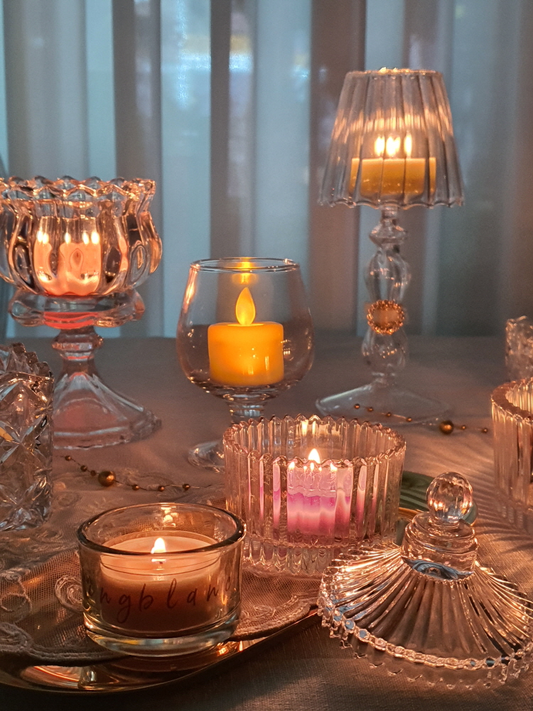 밍블랑 티라이트 캔들 선물 포장 향초 양초 미니 Led초 크리스탈 유리 엔틱 홀더 받침대 세트 위시버킷