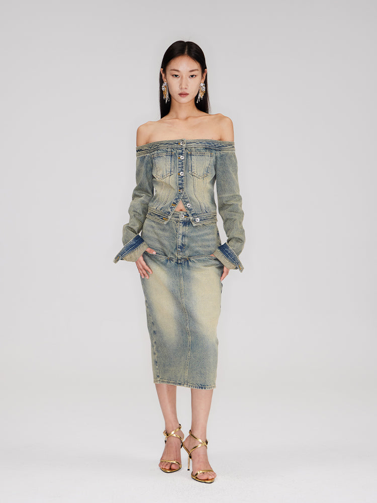 레얼리 어라이크 The Distressed Off-Shoulder Denim Jacket - CHARTREUSE / S - 위시버킷