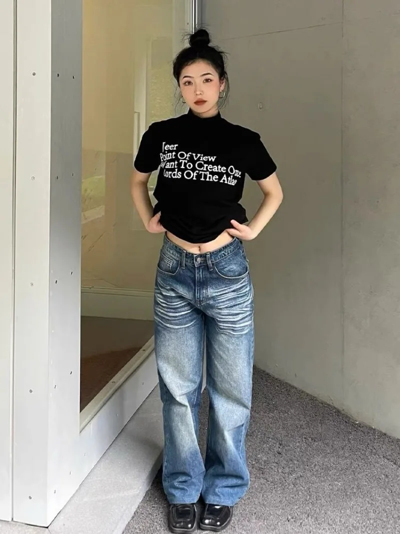 알리익스프레스 여성용 빈티지 반팔 티셔츠 하이 스트리트 아메리칸 레터 블랙 프레피 스타일 터틀넥 상의 Y2k 여름 티