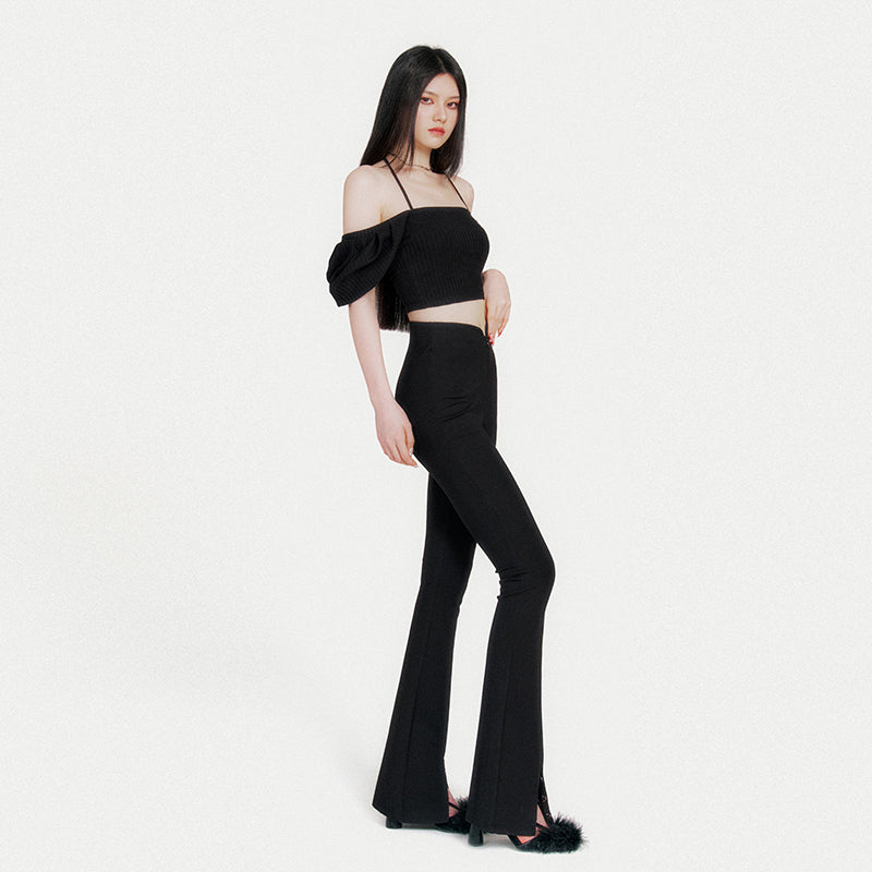 VOCK Elastic high waist slit flared pants - XS / Black - 위시버킷