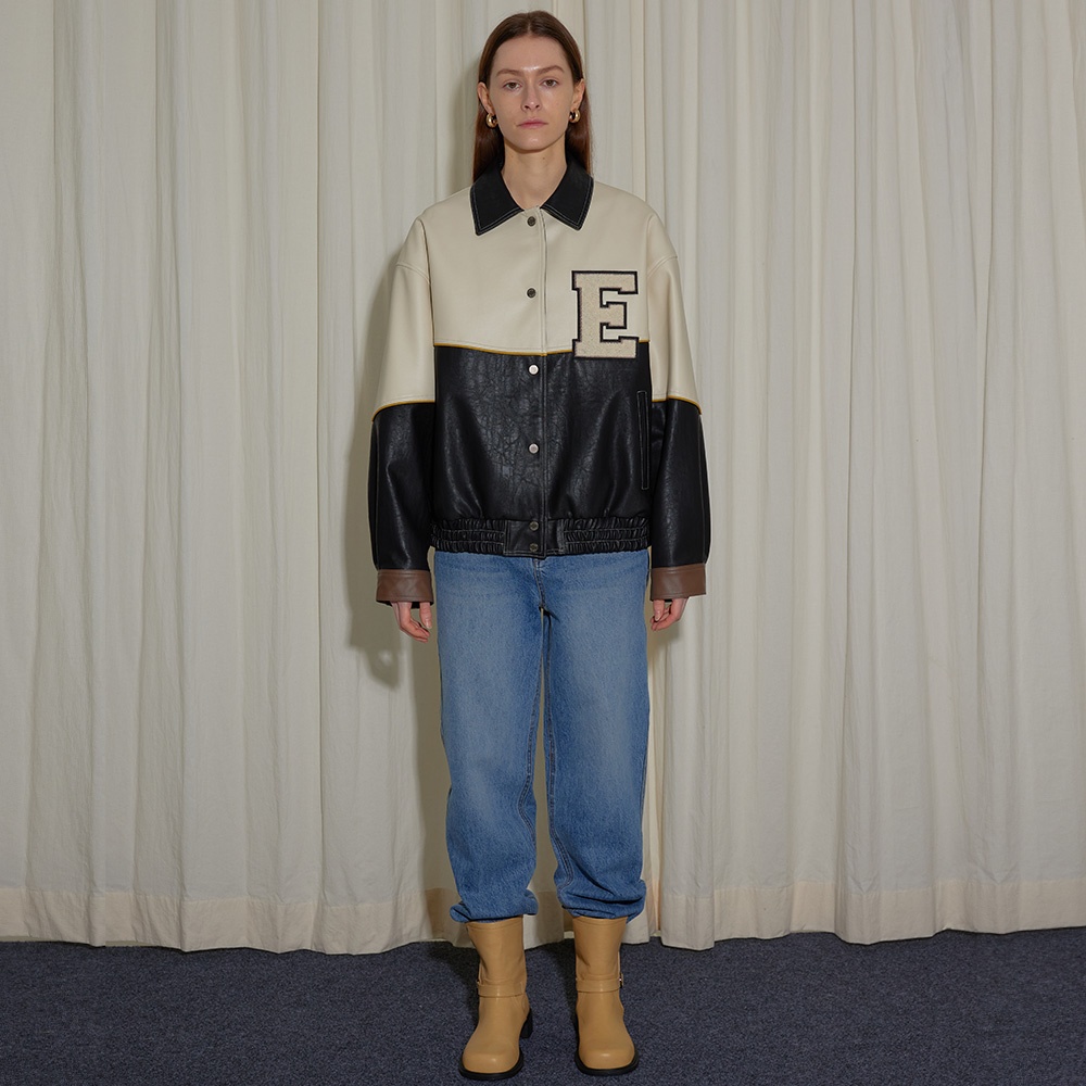 엔오르 ECO LEATHER LOGO VARSITY JACKET - IVORY - 위시버킷