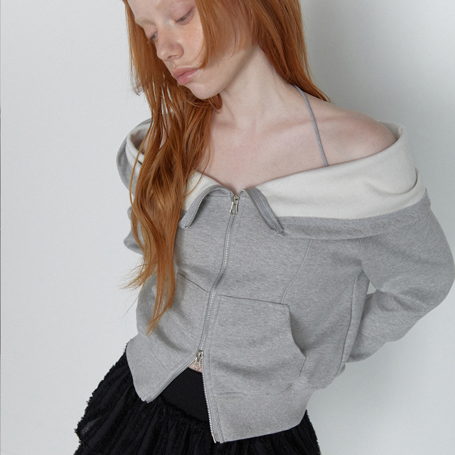 렌세 Open Halter Hoodie Zip-Up Melange Gray - 위시버킷