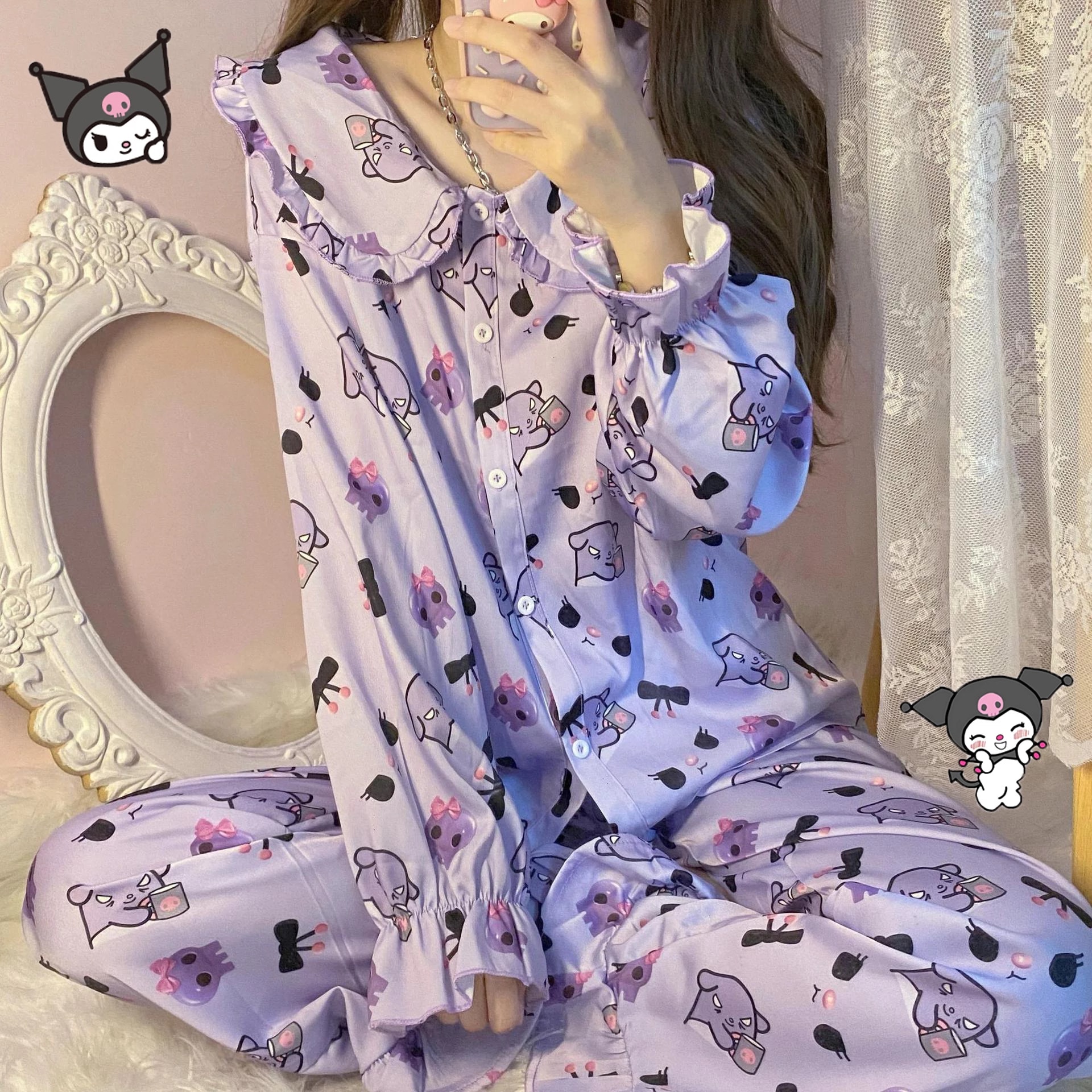 Sanrioed Kuromi-애니메이션 만화 긴 소매 잠옷 세트, 여성용 실크 수면 투피스 세트, 가을 겨울 홈웨어, 여자 친구 ...