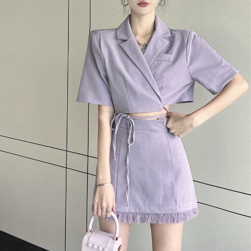 위드포에버 하객룩투피스세트여름신상 유니크 언발 크로스 리본 끈 카라 주머니 반팔 크롭 자켓 여름자켓 A라인 트위드 라인 하이웨스트 미니스커트 투피스 셋업 세트 봄신상