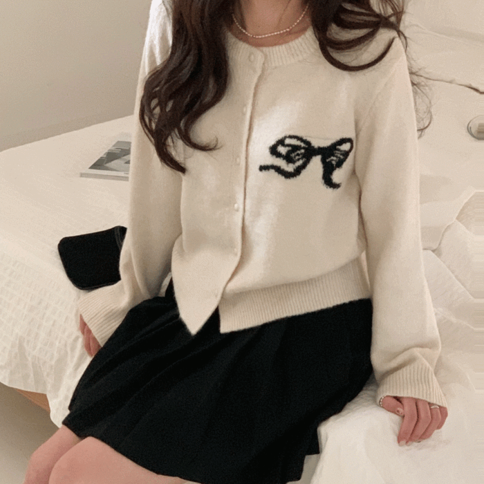 알로항 (2024신상♡패턴)러블이 리본 니트 가디건 3col - 위시버킷