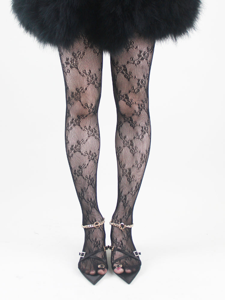노드레스67 Black Flower Pattern Fishnet Tights - F - 위시버킷