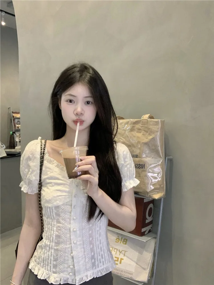 알리익스프레스 이른 봄 한국 스타일 다목적 오프 숄더 자수 레이스 퍼프 슬리브 슬리밍 크롭 셔츠 여성용 블라우스 탑 위시버킷