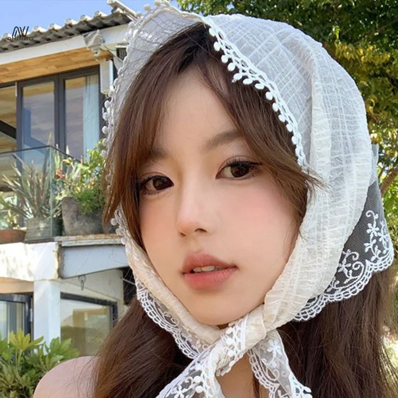 프렌치 스타일 레이스 플라워 패턴 삼각형 스카프 머리띠 로리타 실크 스카프 머리 장식 터번 여성 패션 헤어 액세서리 위시버킷