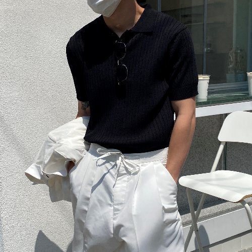 로랑051 [블랙 당일출고] Golgi kara half knit t-shirts(4color) - 위시버킷