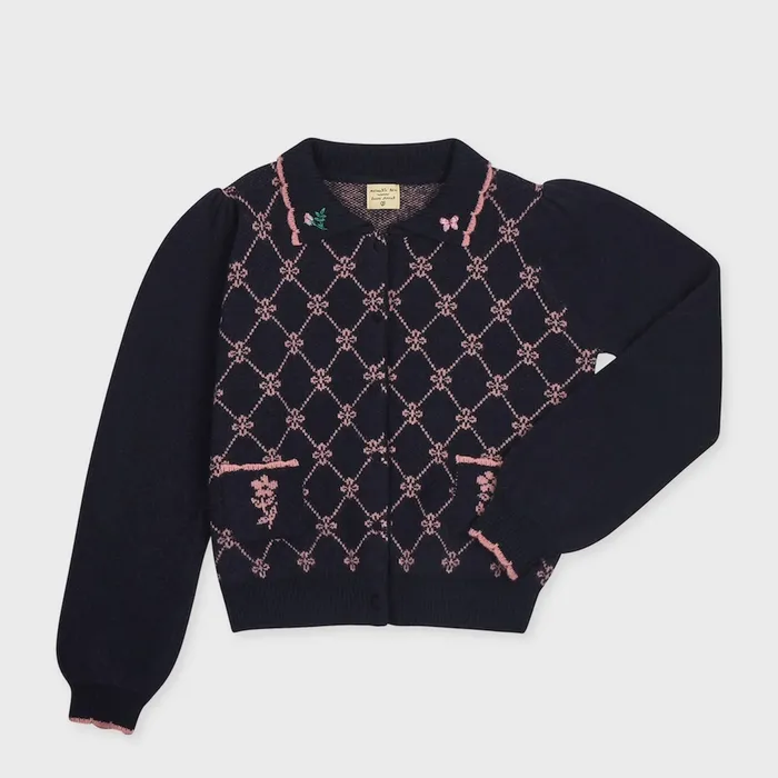 삭스어필 NAT cardigan flower argyle embroidery collar navy - 위시버킷