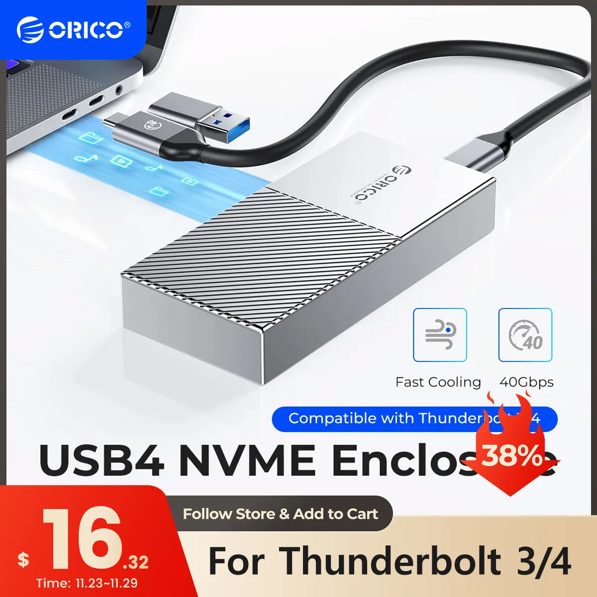 ORICO USB4 NVMe SSD 인클로저, 알루미늄 M.2 SSD 케이스, 썬더볼트 3 4 USB3.2 USB 3.1 3.0 C타입 호환, 40Gbps PCIe3.0 x ...