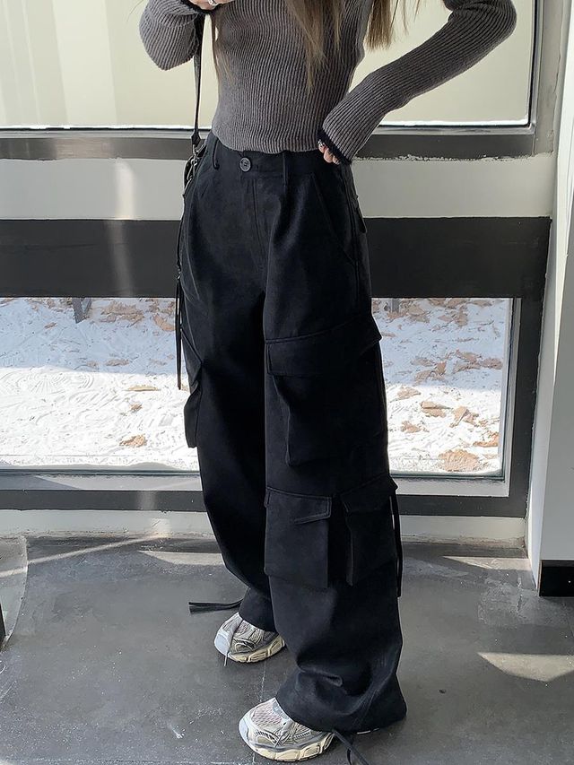 폴시띠아 [해외] [3size]하이웨스트 인조 가죽 빅사이즈 포켓 벌룬 카고팬츠 레더팬츠 롱 와이드 팬츠 밑단 스트랩 조거팬츠 캐주얼 베이직 학생룩 캠퍼스룩 복고 Y2K ...