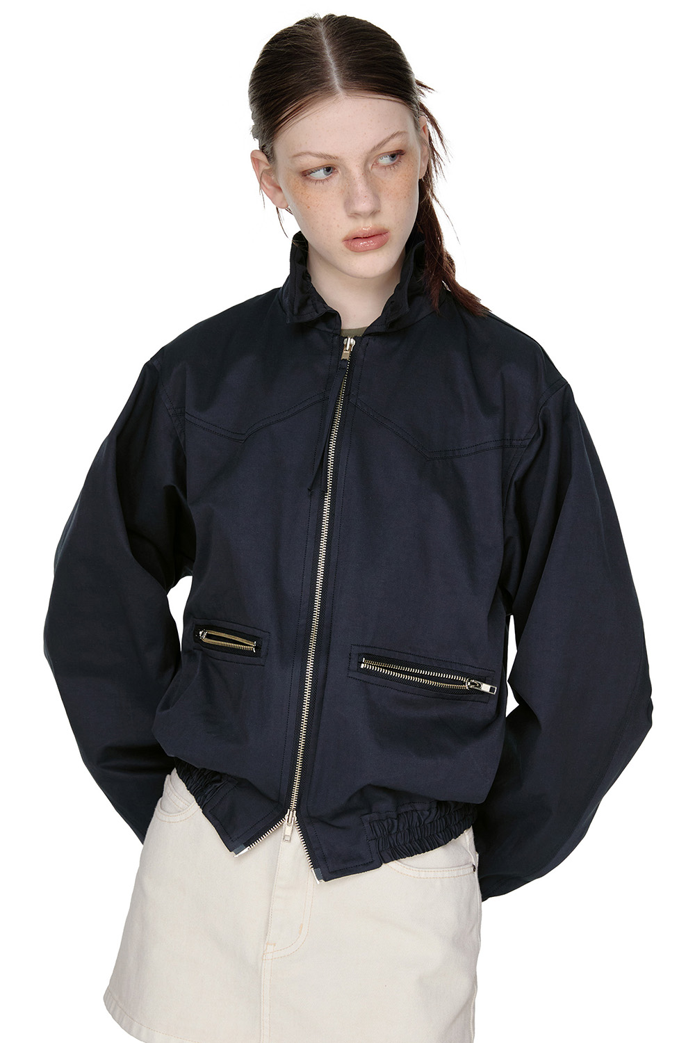 썬번프로젝트 String Bomber Shirring Jacket, NAVY - 위시버킷