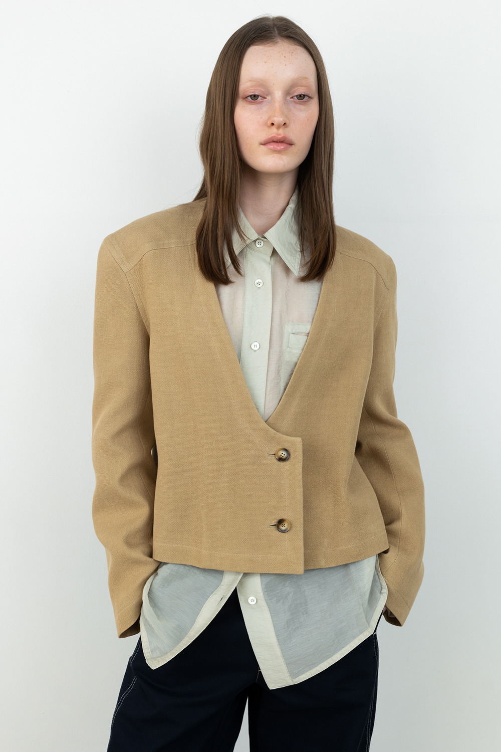 레이스 Two Button No Collar Jacket_Olive - 위시버킷