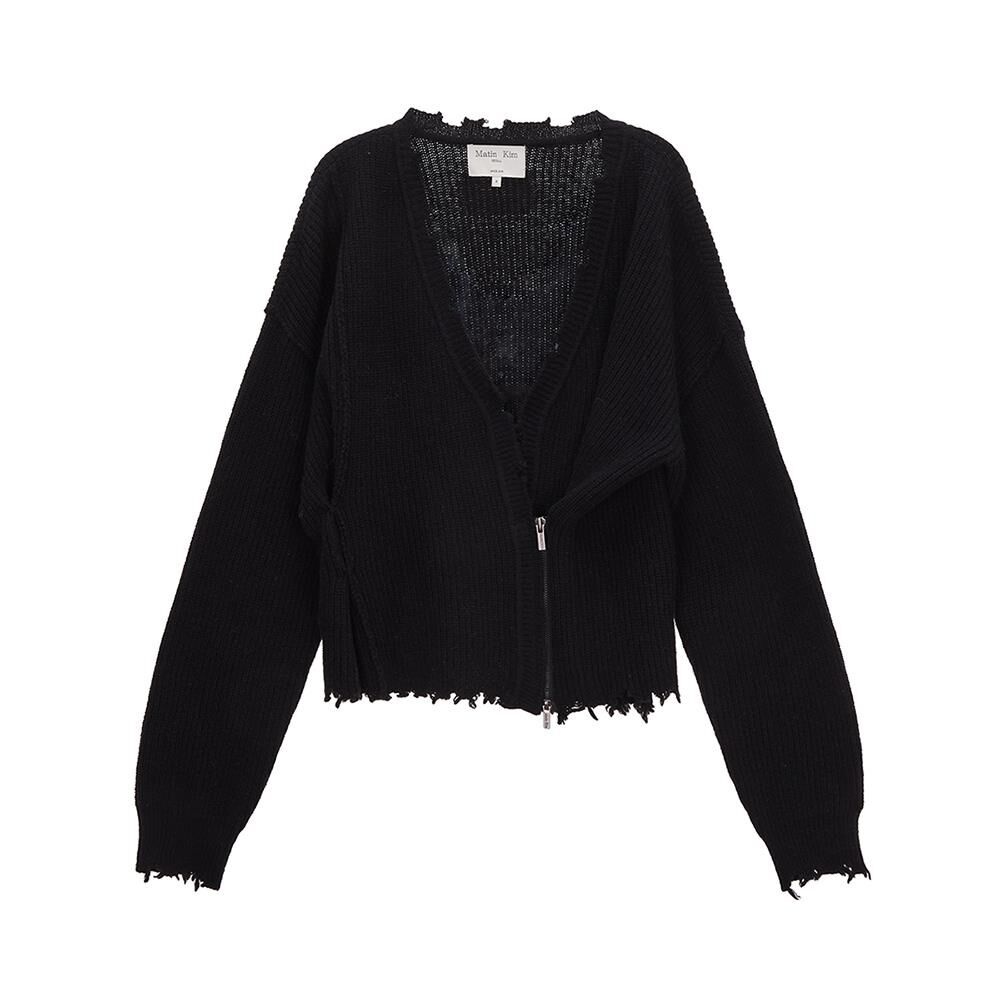 마뗑킴 PINCHED TWO WAY KNIT ZIP CARDIGAN IN BLACK - 위시버킷