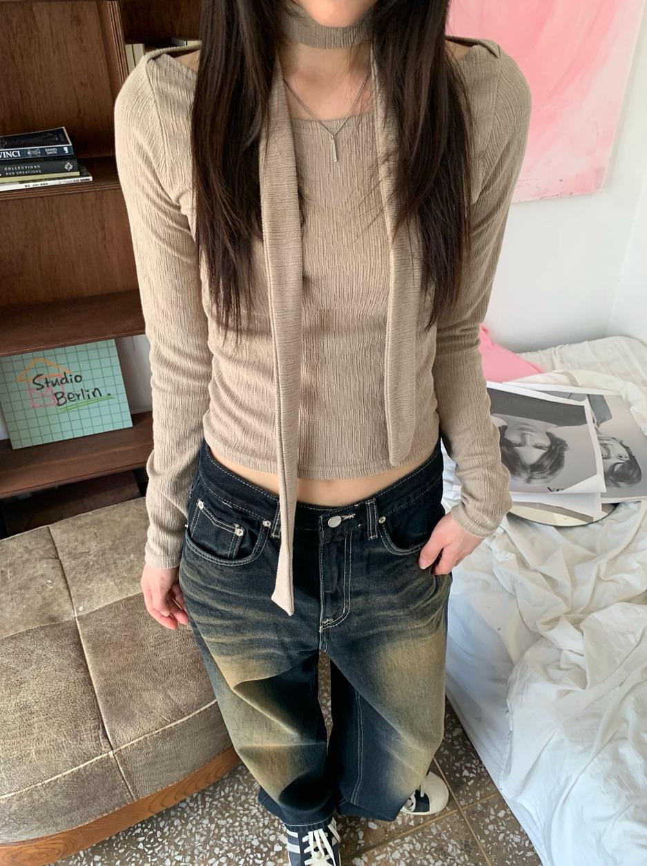 모브앤로지 모브앤로지 골지 스카프 유넥 긴팔 티셔츠 [2col] - 위시버킷