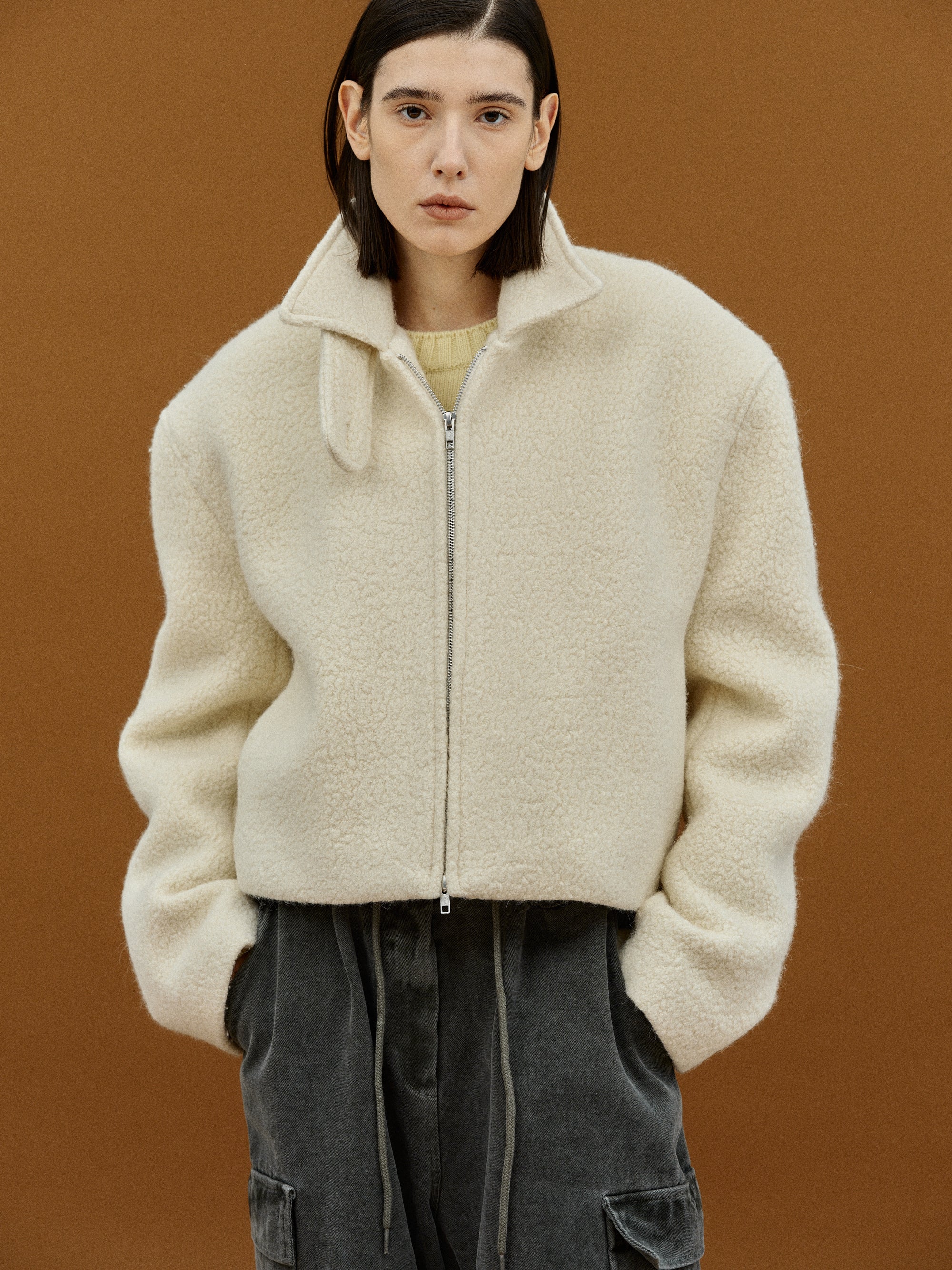 소스언노운 Bouclé Padded Blouson, Ivory - One Size - 위시버킷
