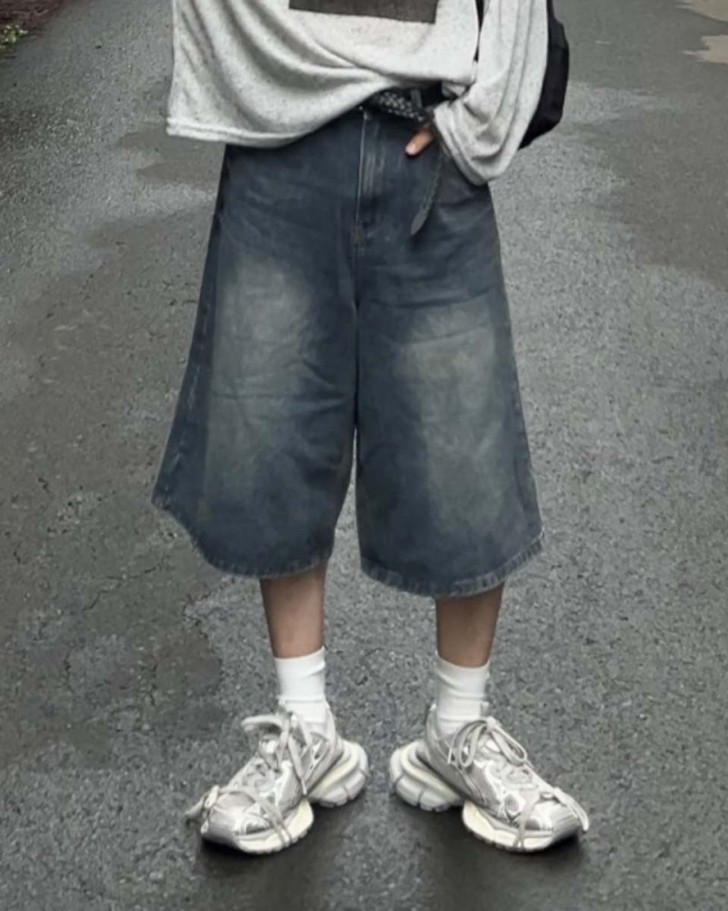 센트마켓 Alvin pants 앨빈 팬츠 데님 버뮤다 8부 브러쉬 워싱 와이드 청바지 YKK - 위시버킷