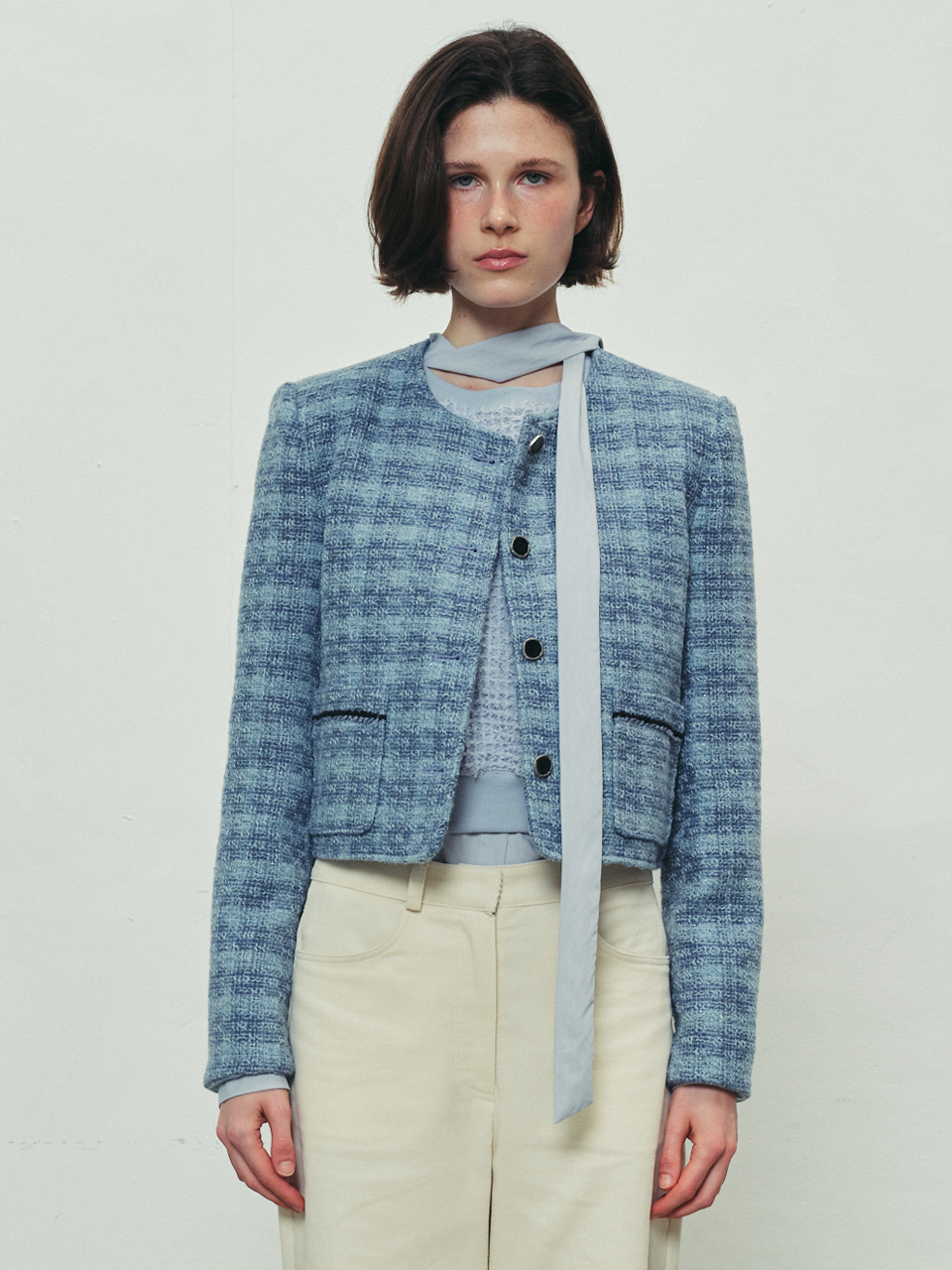 쏘이르 SO-IR - [Pre-Open 25%]TWEED CROP JACKET - SKYBLUE - 위시버킷