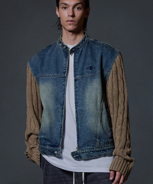 낫포너드 Knit Sleeve Denim Jacket - Deep Blue - 위시버킷