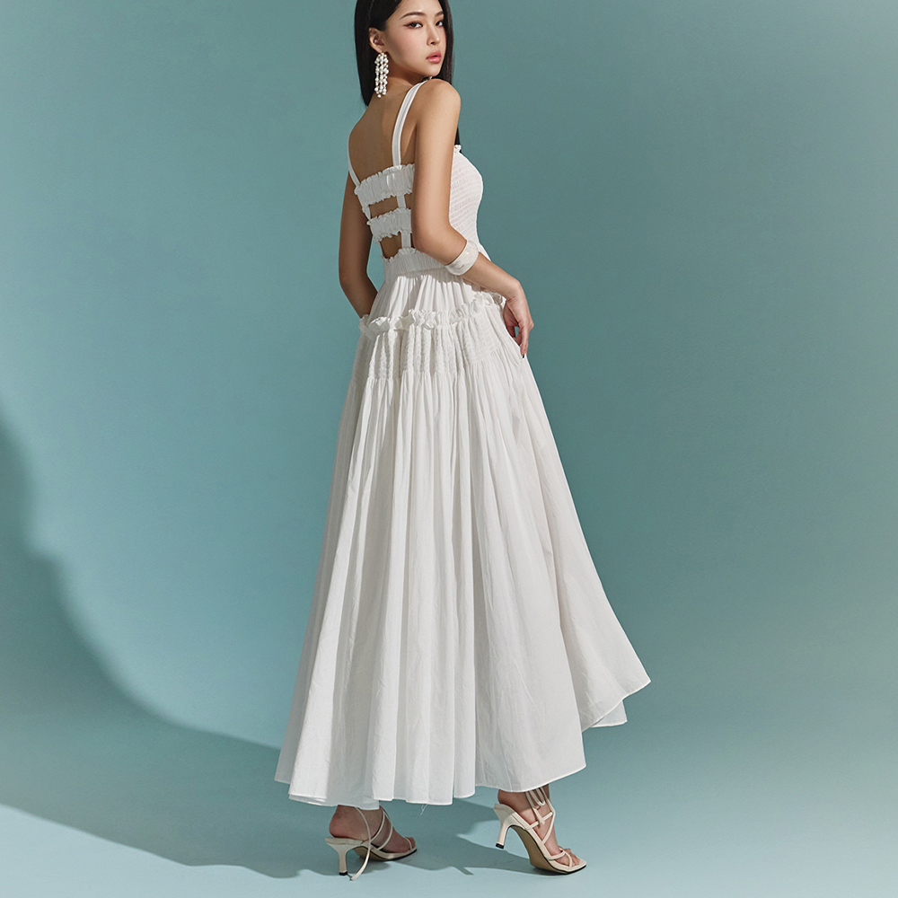 딘트 D4706 멘드 스모크 밴딩 슬리브리스 프릴 롱 원피스 - 위시버킷