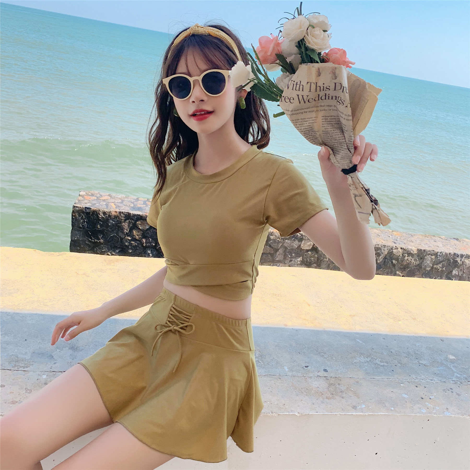 로이핏 Set 투피스 비키니 레쉬가드 치마바지 심플 베이직 무채색 무지 레이스업 A라인 스커트 캡 내장 속바지 해변룩 바닷가 온수풀 온천 워터파크 수영복 위시버킷