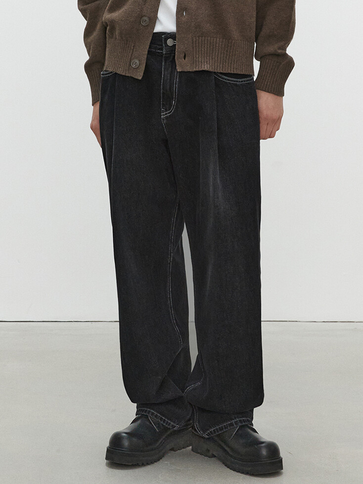 데케트 Deep Pleats Wide Jeans DCPT030Black - 위시버킷