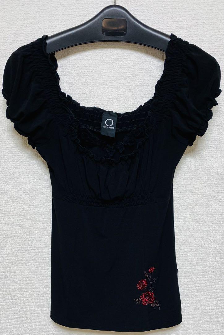 OZZON OZZCROCE OZZ ONESTE トップス カットソー 薔薇刺繍 フリル ストレッチ - 위시버킷