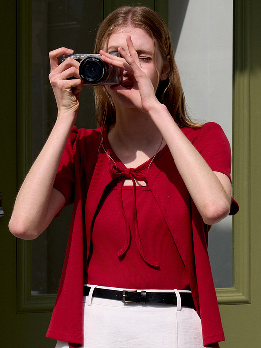 주르티 [세트]하프 리본 가디건+슬리브리스 세트 마룬레드 j1439 - 위시버킷