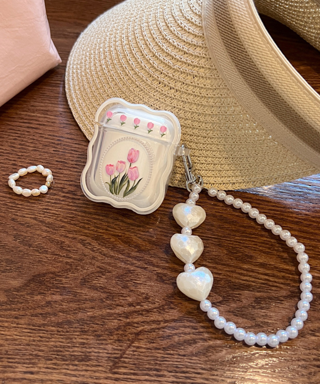 핑크리어카 에어팟 레이스 튤립 러브 투명 젤리 실리콘 진주 스트랩 키링 심플 봄 플라워 감성 친구 생일 선물 우정 커플 유니크 하이틴 레트로 애플 이어폰 케이스 1세대 2