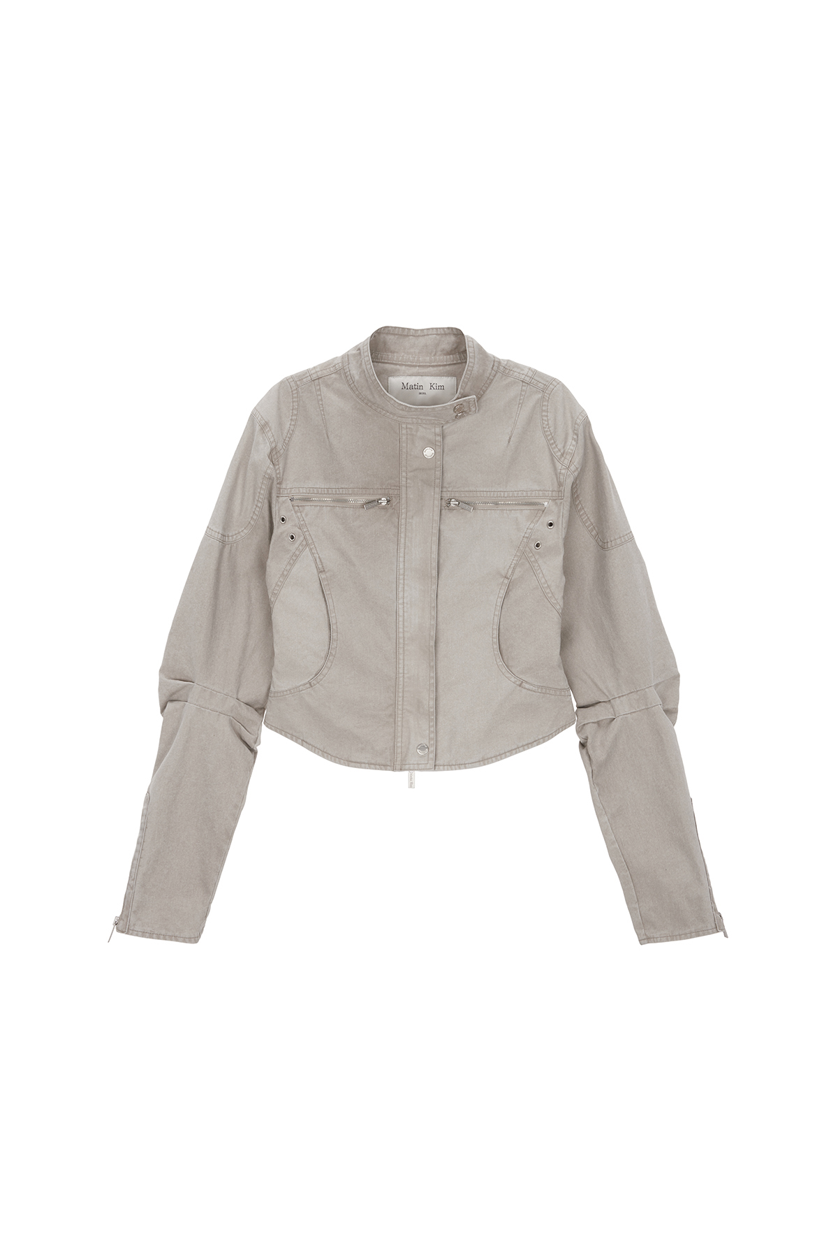 마뗑킴 WASHED DENIM BIKER JUMPER IN BEIGE - 위시버킷