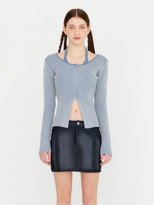 유즈 TWO TONE HALTER SLEEVE LAYERED KNIT TOP - LIGHT BLUE - 위시버킷