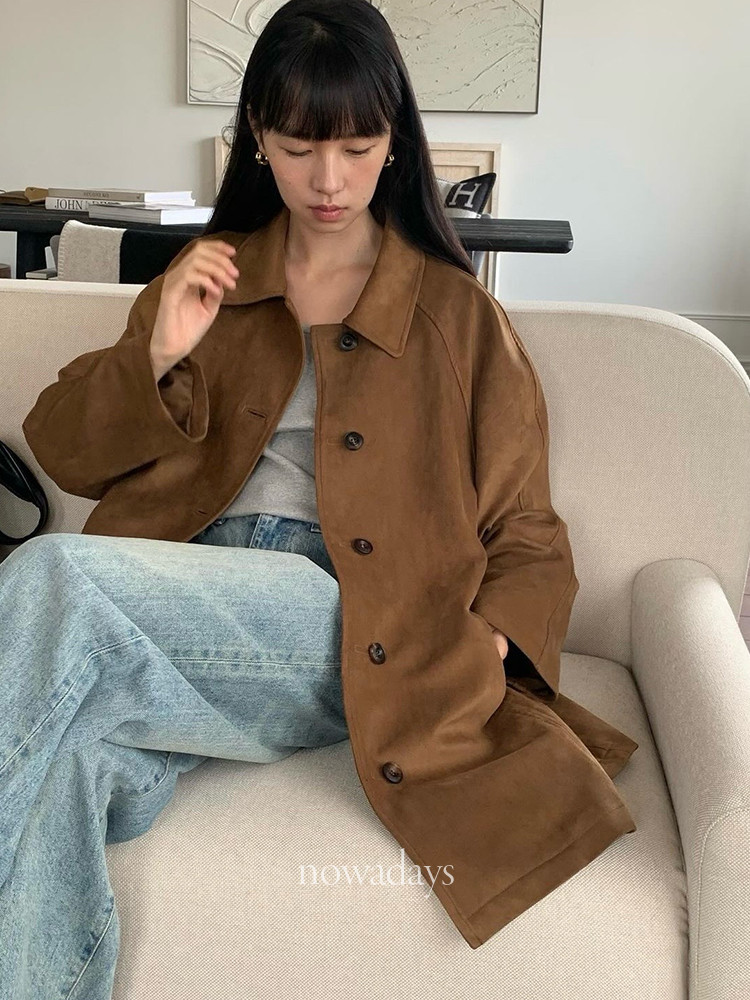 진심 jinsim 진심 아더 바바리 코트 스웨이드 래글런 카라 싱글 하프 ct - 위시버킷