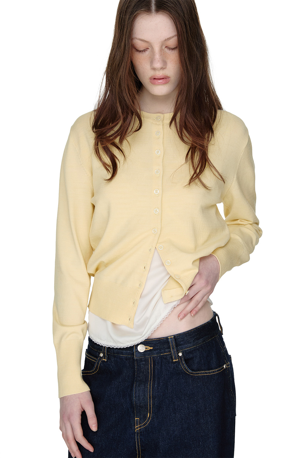 썬번프로젝트 Sunburn Basic Round Cardigan, LEMON - 위시버킷