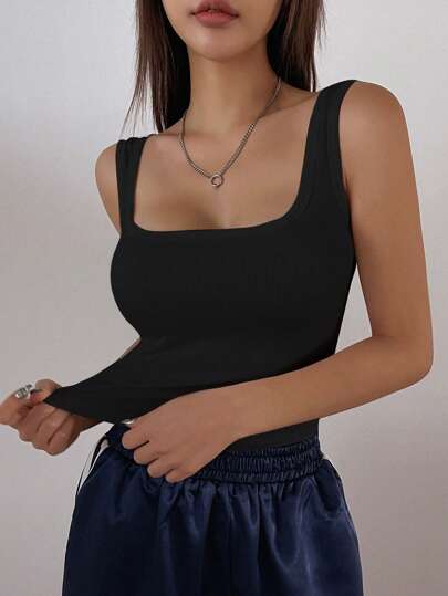 DAZY DAZY Women's Solid Color Cropped U-Neck Tight Tank Top - 위시버킷
