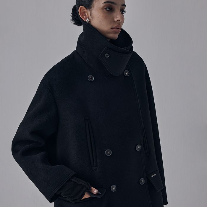 트리밍버드 High Neck Double Button Wool Long Coat [ Black ] - 위시버킷