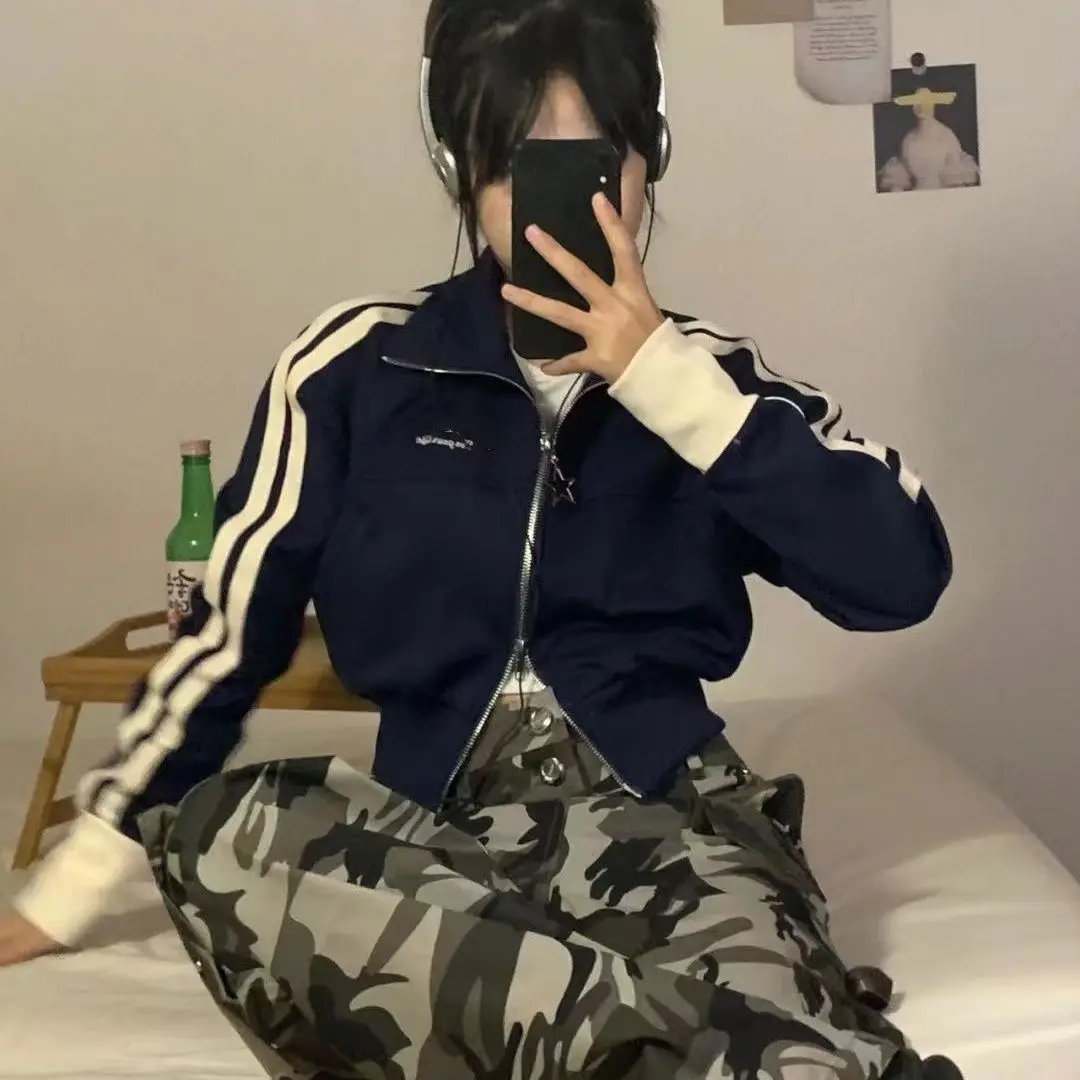 알리익스프레스 Y2k 여성용 빈티지 한국 패션 스트리트웨어 집업 크롭 후드 하라주쿠 스트라이프 크롭 지퍼 재킷 케이팝 스웻