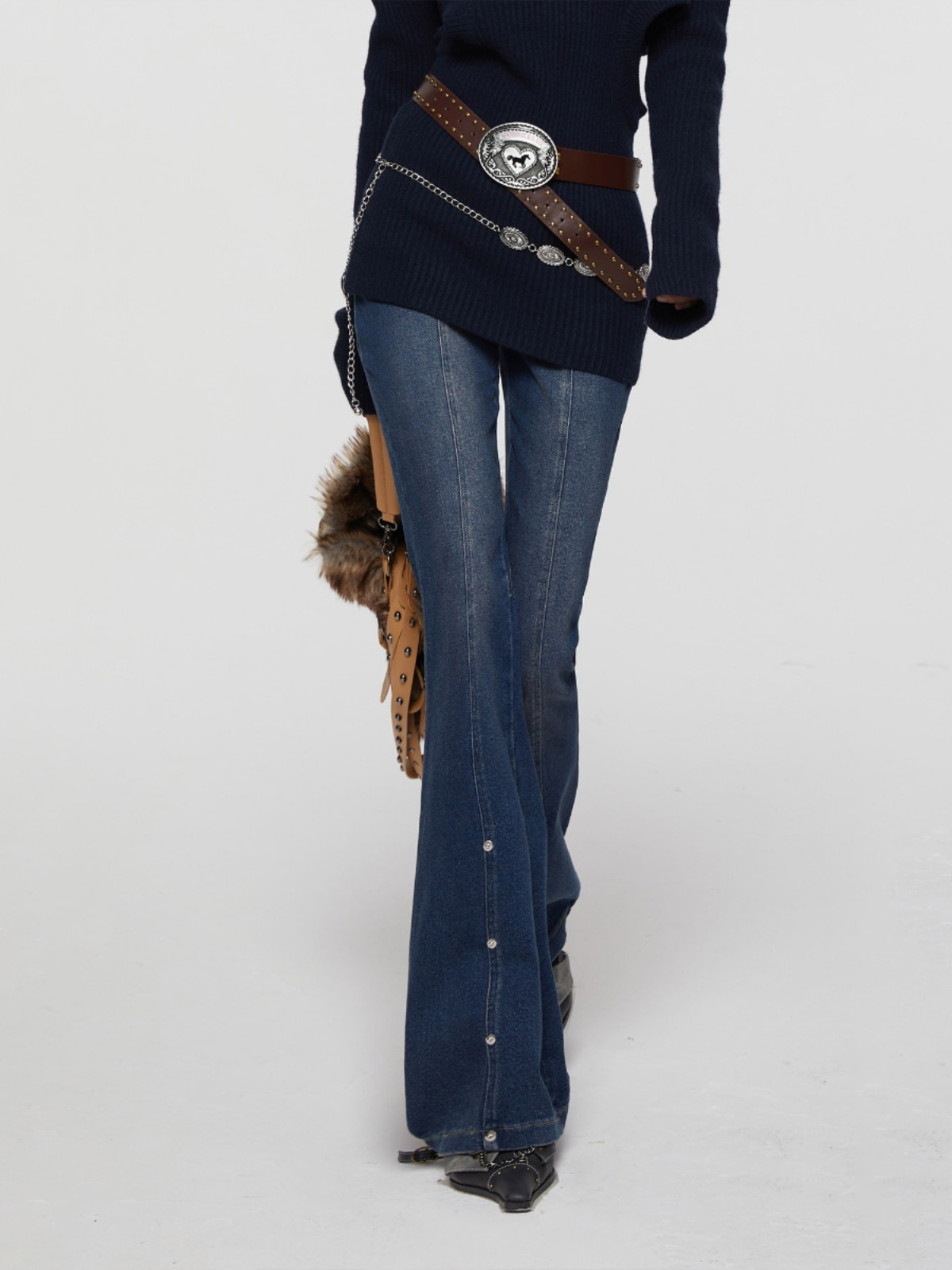 튜스 [THE NEMO'S] Silver Button Blue Rivet Jeans - 위시버킷