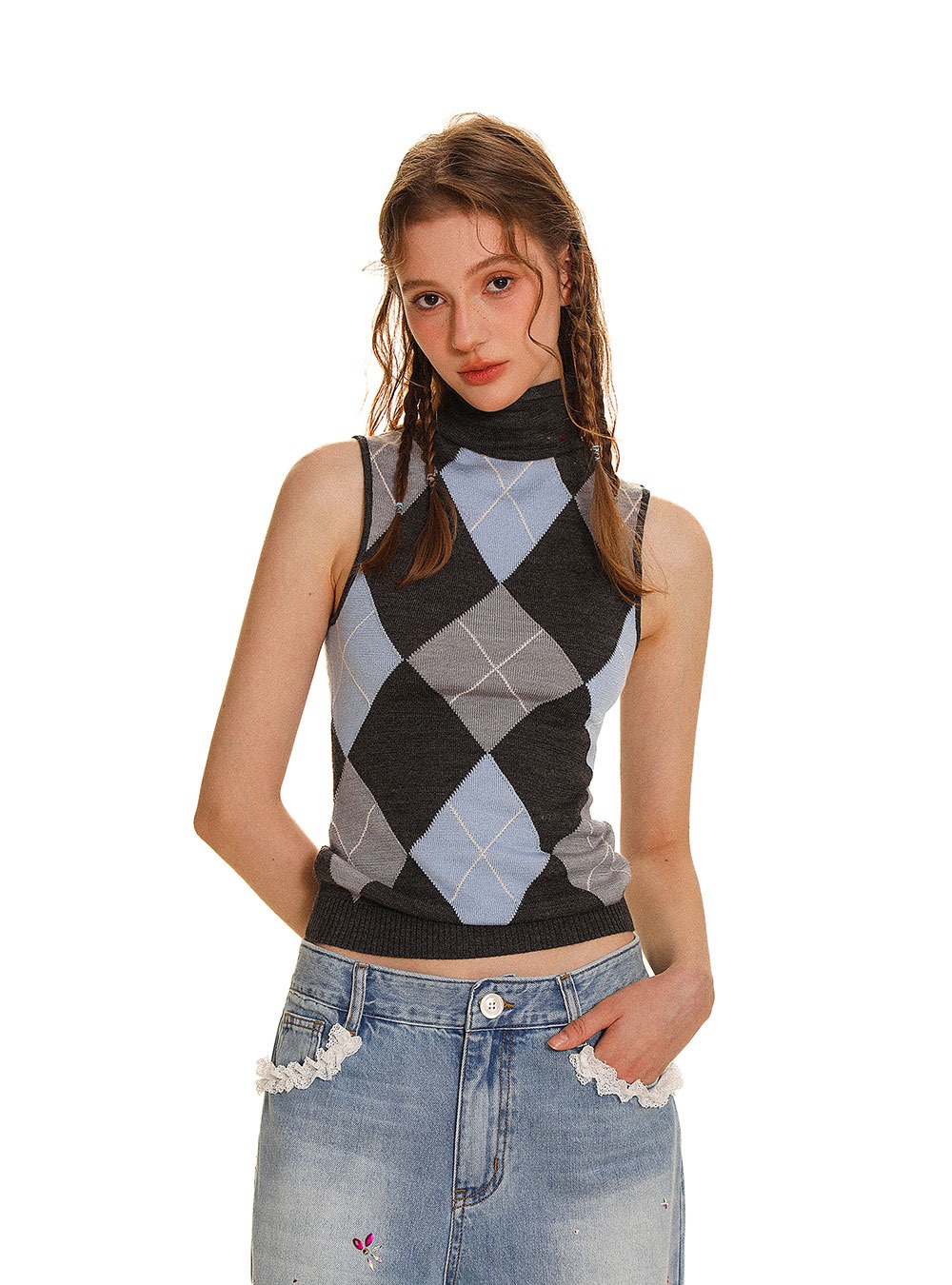 테스트메커니즘 Diamond Pattern Contrast High Collar Vest - 위시버킷