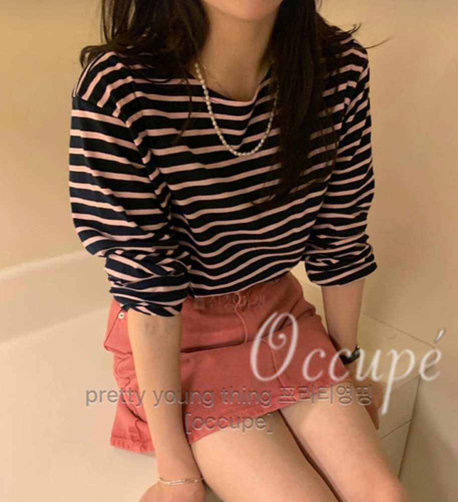 오큐페 [당일발송]pyt 프리티영띵 토핑 단가라 티셔츠 (4col) 프영띵 스트라이프티 - 위시버킷