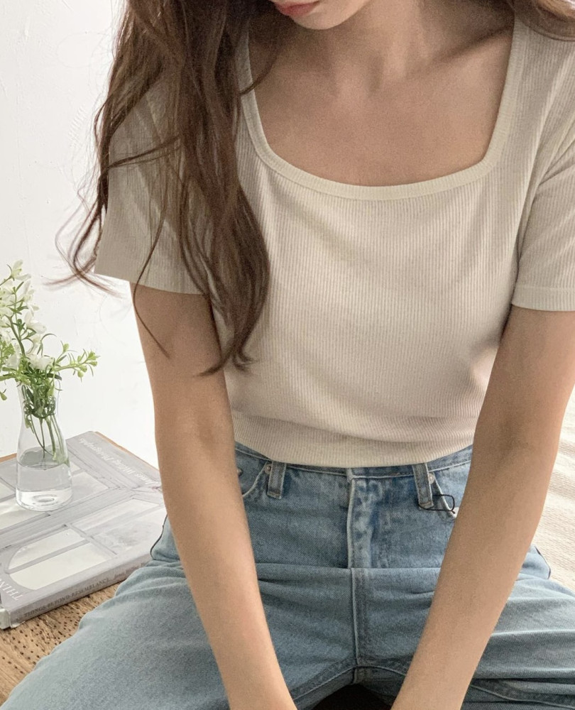 진심 jinsim 진심 지젤 스퀘어넥 티셔츠 반팔 데일리 골지 t (3col) - 위시버킷