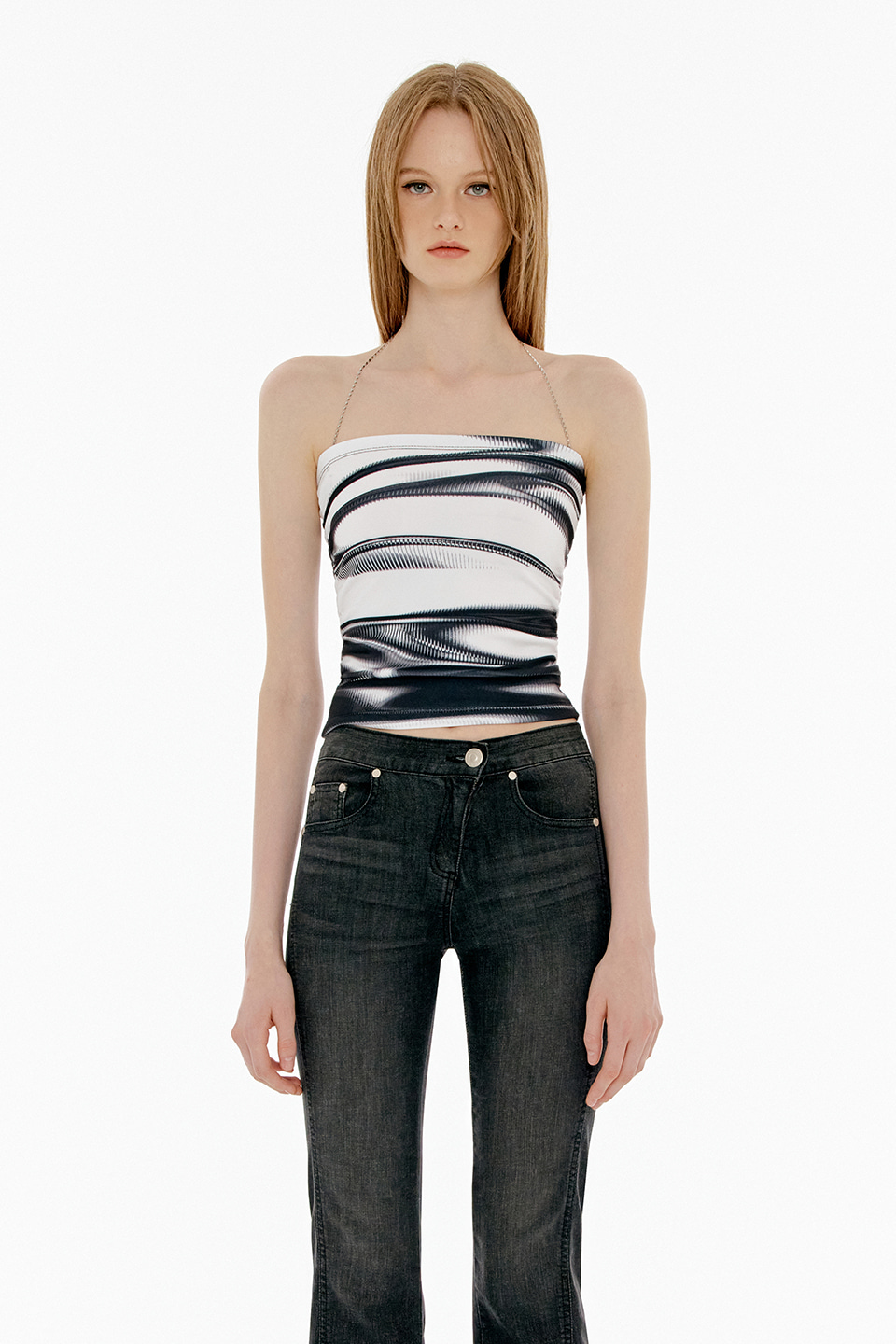 유즈 PRINTED SHIRRING CHAIN TUBE TOP - LINE PATTERN - 위시버킷