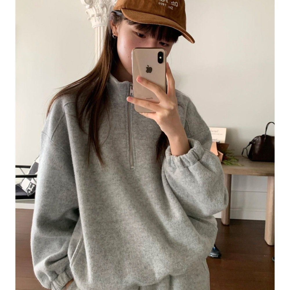 뷰클래 jinsim 진심 울 워밍 집업 하이넥 반집업맨투맨 기모트레이닝세트 셋업룩 2col - 위시버킷