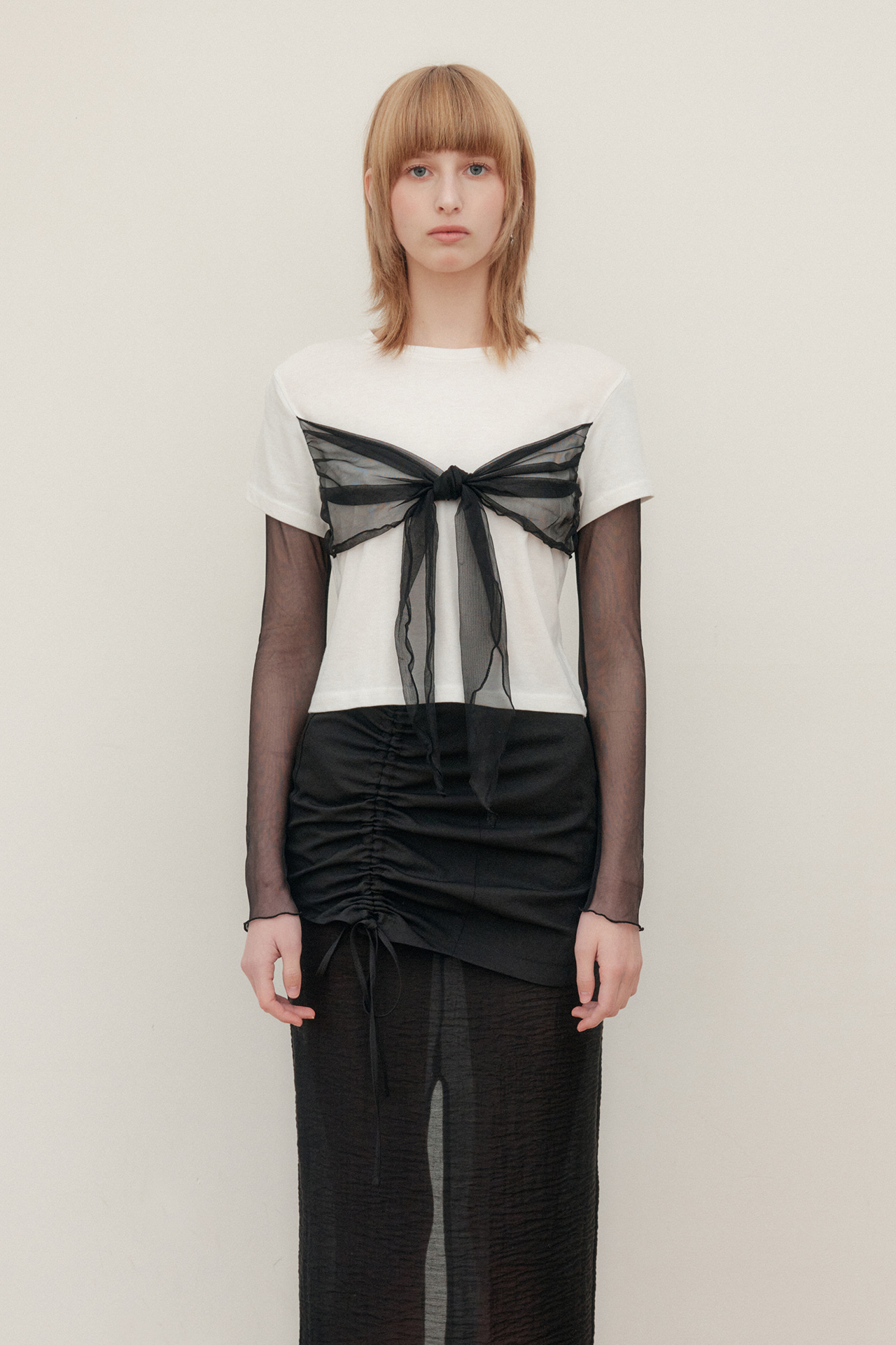 유즈 MESH RIBBON LAYERED T-SHIRT - IVORY/BLACK - 위시버킷