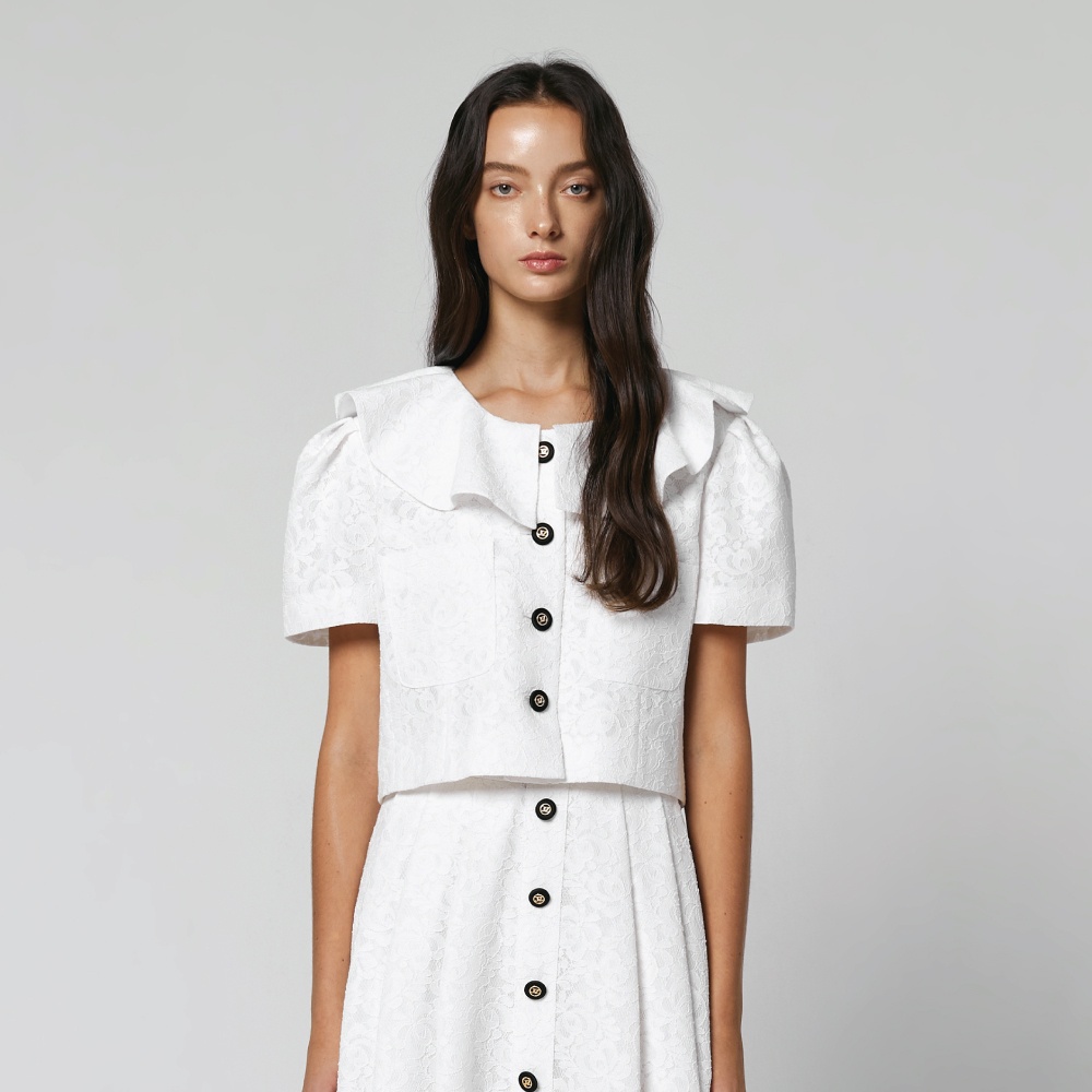 쟈니헤잇재즈 RUFFLE COLLAR LACE CROP JACKET - WHITE - 위시버킷