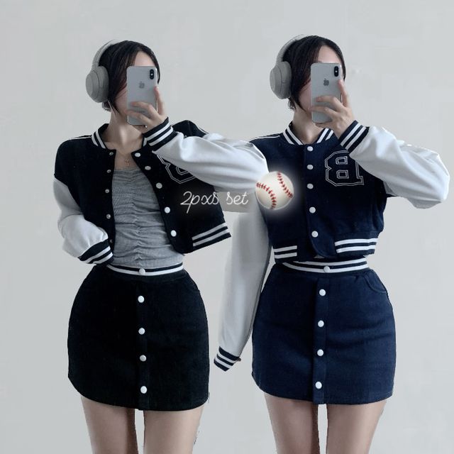 리틀페어리 세트![속바지내장0/힙해-]y2k 크롭 배색 긴팔 야구 나그랑 점퍼 블루종 아우터 + 하이웨스트 h라인 스판 단추 미니 스커트 (2col)_리틀페어리 - 위시버킷