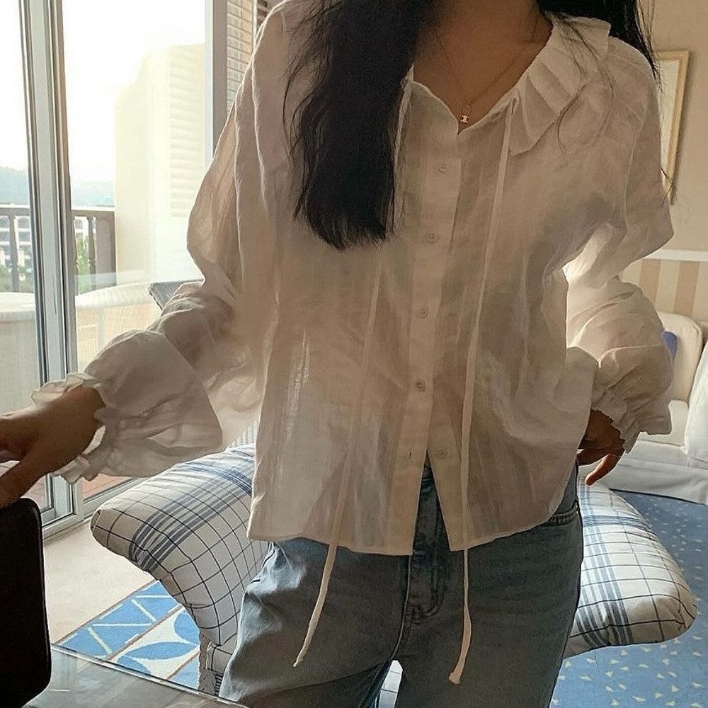 누시페라 웰로우 핀코트 리본 카라 블라우스 봄 프릴 bl(2col) - 위시버킷