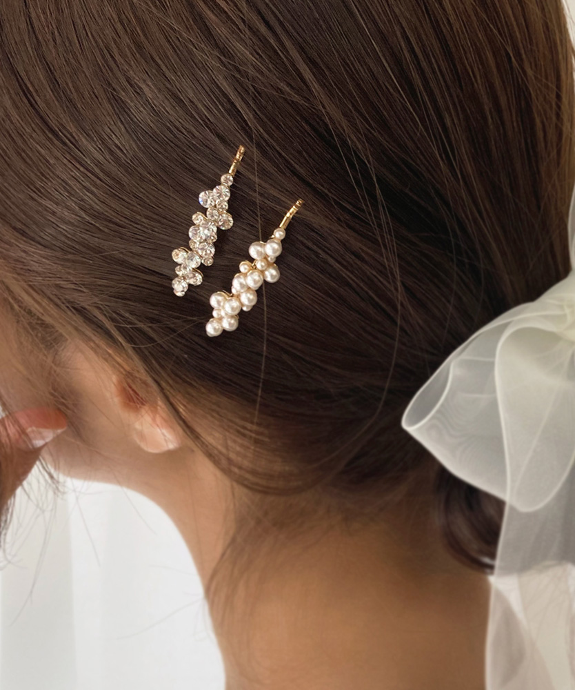 함초롬 [당일배송][무배][1+1][2 color] 방울 진주 큐빅 앞머리 헤어삔 웨딩 실 핀 - 위시버킷