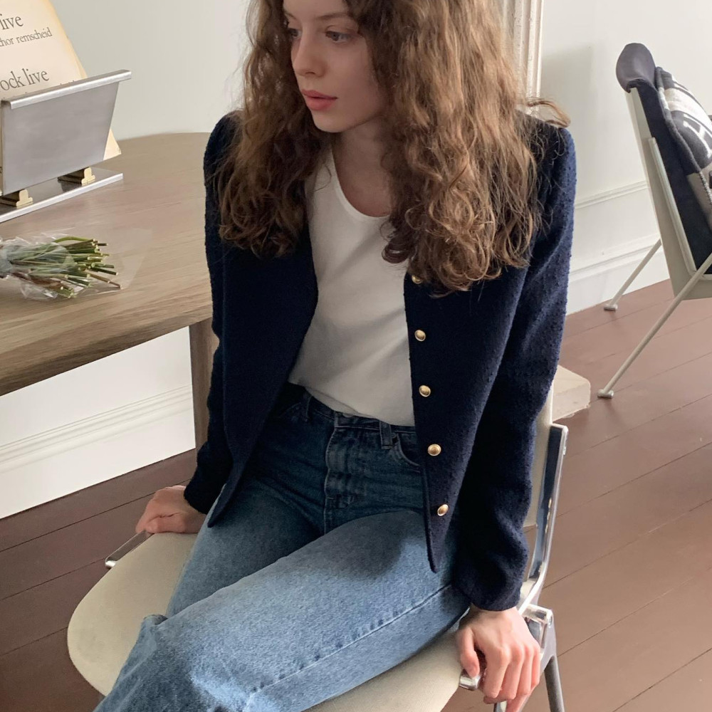 뷰클래 진심 jinsim 트위디아 자켓 노카라 브이넥 금장버튼 울자켓 2color 가을출근룩 - 위시버킷