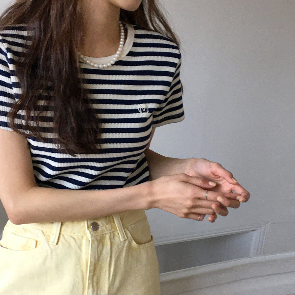 레토 RETO [일부 당일] MTM 미니 자수 와플 무지 스트라이프 반팔티(9type) - 위시버킷